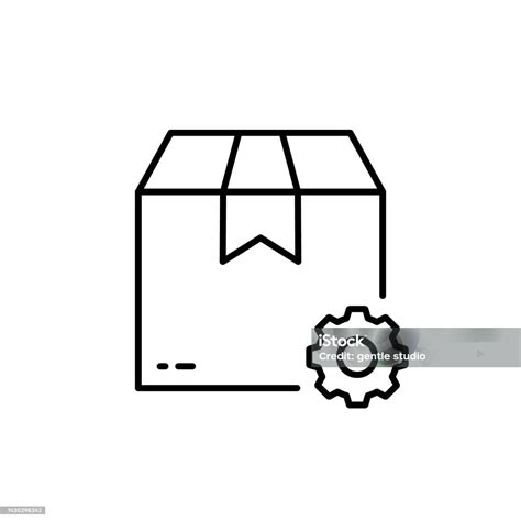 기어 라인 아이콘이있는 소포 상자 배송 주문 판지 팩 선형 픽토그램 배달 서비스 설정 톱니바퀴 및 골판지 포장 개요 기호 편집 가능한 스트로크 격리된 벡터 일러스트 레이 션
