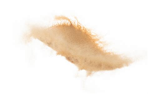 작은 크기의 좋은 모래 비행 폭발 황금 곡물 파도가 폭발합니다 추상 구름 비행 노란색 모래가 공기 중에 실리카를 튀깁니다 흰색 배경 격리된 고속 셔터 프리즈 샷 던지기 고속