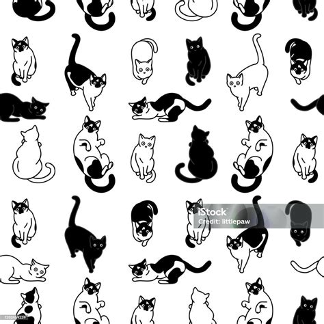 귀여운 흑백 고양이와 원활한 패턴 배경 화면 문구류 직물 랩 웹 페이지 배경 벡터 일러스트레이션에 대한 텍스처 검은색에 대한