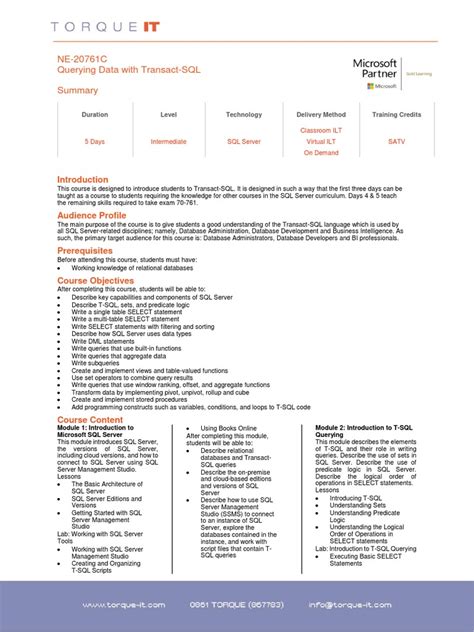 Ne 20761c Querying Data With Transact Sql Duration Level Technology