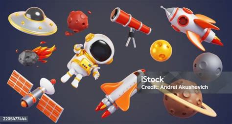 3d 외계인 Ufo 행성 우주 비행사 로켓 셔틀 우주의 배경 렌더링 만화 세트 유치한 우주 사람 우주선 망원경 위성 우주에 떨어지는 운석 코스모스 3차원 형태에 대한 스톡