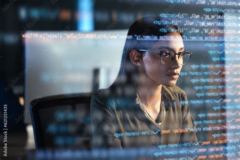 Computer Hologram And Woman Coding For Data Analysis Information Technology Overlay And Night