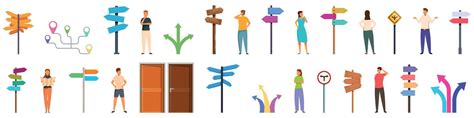 Choosing Multiple Directions Icons Set People Choosing Right Direction At Crossroads Signpost