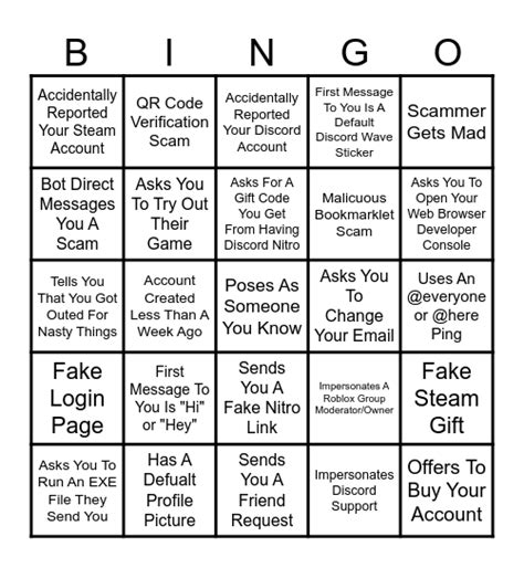 Discord Scammer Bingo Card