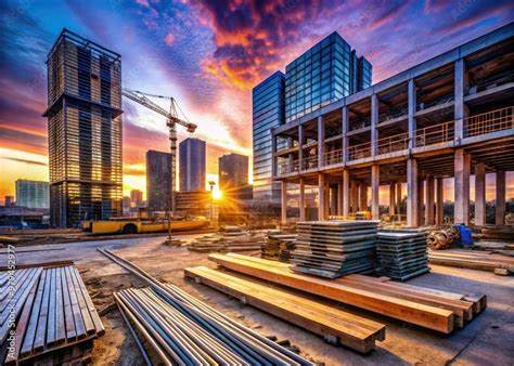 Sleek Modern Construction Site At Dawn Sleek High Rise Building In