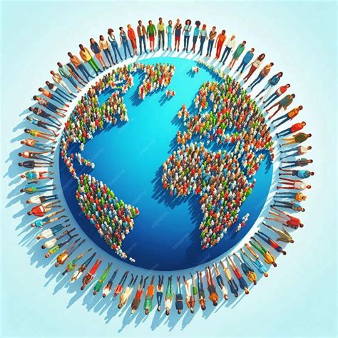 A World Map With People Around It And A Blue Background Premium Ai