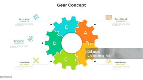 기어 휠 파이 차트5 다채로운 직소 퍼즐 조각으로 나누어 생산 공정의 다섯 단계의 개념 간단한 인포그래픽 디자인 템플릿입니다 프리젠 테이션을위한 현대적인 평면 벡터 그림 5