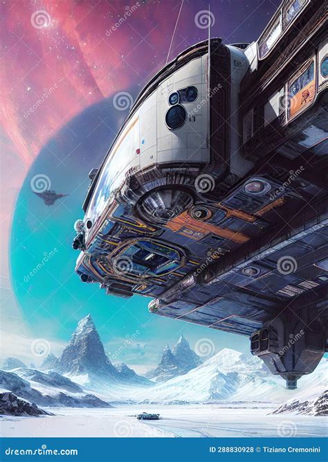 Spaceship On Frozen Alien Planetary System Generative Ai Illustration