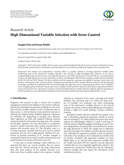 Pdf High Dimensional Variable Selection With Error Control