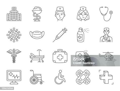 아이콘을 포함한 의료 병원 낙서 그림 의사 간호사 구급차 휠체어 Caduceus 스프레이 주사기 Hygeia의 그릇 약국 의료 클리닉에 대한 얇은 라인 아트 편집 가능한