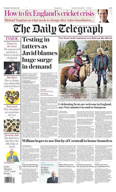 Daily Telegraph Front Page 30th Of December 2021 Tomorrows Papers Today