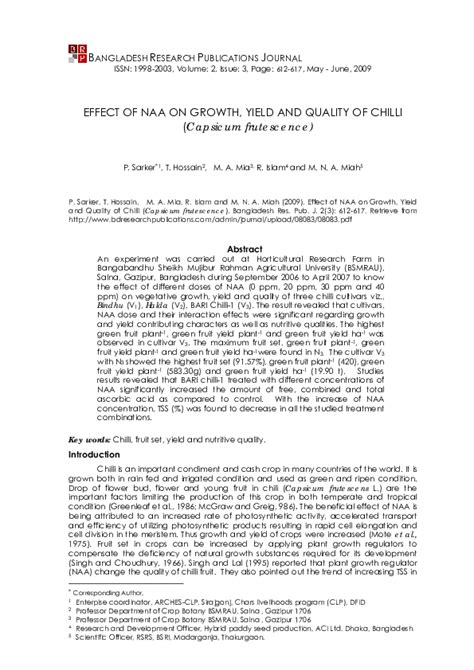 Pdf Effect Of Naa On Growth Yield And Quality Of Chilli Capsicum