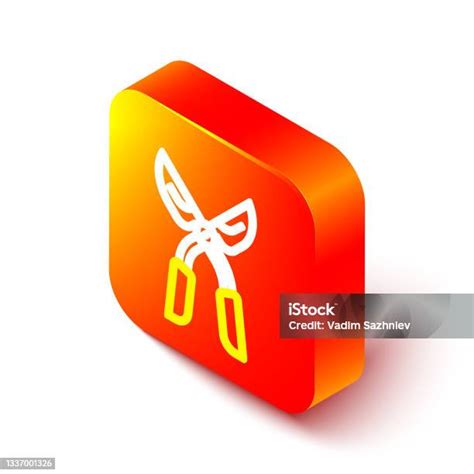 흰색 배경에 격리 된 트리밍 아이콘을위한 등색 라인 원예 수제 가위 나무 손잡이가 달린 가위를 가지치기 주황색 정사각형 버튼 벡터 3차원 형태에 대한 스톡 벡터 아트 및