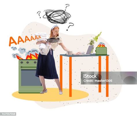 현대 여성의 미친 생활 방식 사업 및 가사 아기와 함께 바쁜 어머니 멀티 태스킹 여성 현대 미술 콜라주 노트북에 대한 스톡 사진