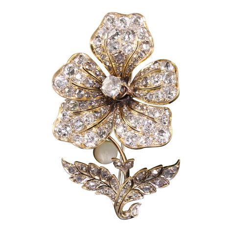 Antique Victorian 18k Yellow Gold Old Mine Diamond En Tremblant Flower