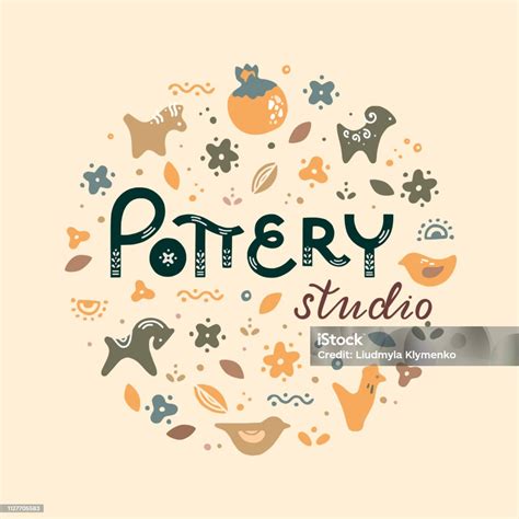 원형 템플릿 도자기 워크샵 도자기 클래스 배너 그림 도자기 휠 포터 점토 말 및 낙서와 플랫 스타일에 설정 아이콘에서 다른 세라믹 제품 갈색에 대한 스톡 벡터 아트 및 기타