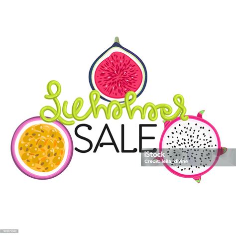 여름 판매입니다 열 대 과일이 그려진된 글자를 손 드래곤 과일 또는 Pitaya 열매 무화과 할인 쇼핑 상거래입니다 전단지 광고 배너 간판 간판에 대한 스톡 벡터 아트 및