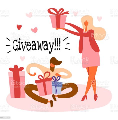 평면 만화 수염 남자는 바닥에 앉아 선물과 놀라움과 서 여자와 선물 상자를 열고 격리된 벡터 그림 경품 텍스트입니다 소셜 네트워크 콘텐츠에 적용 됩니다 겨울에 대한 스톡