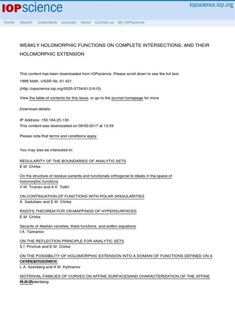 weakly holomorphic functions on complete interctions and their