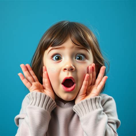 Portrait Of A Cute Surprised Shocked Girl On A Blue Background Funny