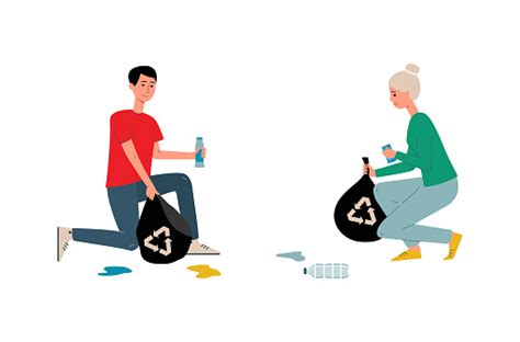 쓰레기 쓰레기를 청소 하는 재활용 쓰레기 봉투와 만화 커플 플로깅에 대한 스톡 벡터 아트 및 기타 이미지 플로깅 가방