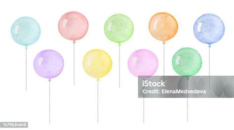 흰색 배경에 격리된 벡터 수채화 여러 가지 빛깔의 풍선 집합입니다 청첩장 엽서 스크랩북 사진 블로그 화환 포장 인사말 카드 직물을위한 디자인 개체 그룹에 대한 스톡 벡터