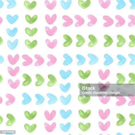 수채화 그리기 흰색 배경에 파란색 녹색 분홍색의 마음의 원활한 패턴 생일 장식 발렌타인 데이 직물 공휴일에 대한 스톡 벡터 아트 및 기타 이미지 Istock
