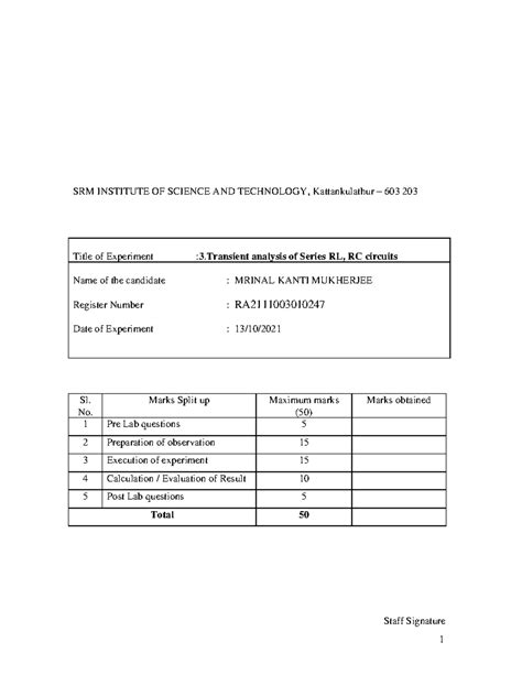 Exp Transient Analysis Of Series RL RC Circuits SRM INSTITUTE OF SCIENCE AND TECHNOLOGY