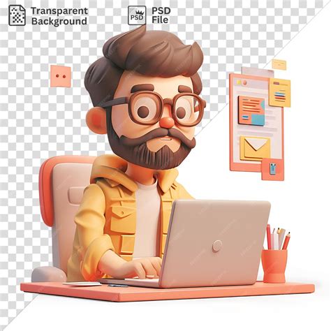 Premium Psd Potrait 3d Programmer Cartoon Coding On A Computer Desk With A Laptop Surrounded