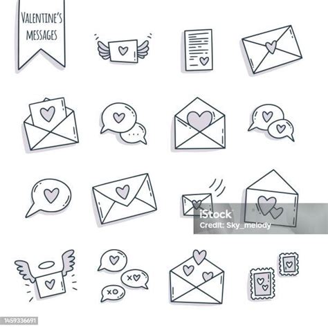귀여운 발렌타인 데이 편지와 봉투 요소 사랑 메시지 귀여운 만화 손으로 그린 스타일의 세트 14에 대한 스톡 벡터 아트 및 기타 이미지 Istock