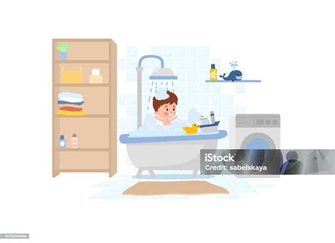 거품 목욕을 하는 귀여운 어린 소년 흰색 배경에 격리된 만화 평면 벡터 삽화 개체 그룹에 대한 스톡 벡터 아트 및 기타 이미지