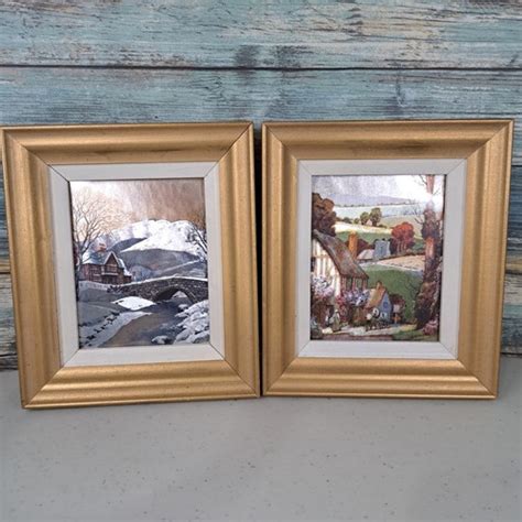 2 Franklin Foil Etched Framed Matted Village Print Picture Gold Wood
