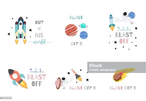 우주 비행사 태양 달 별 로켓세트 우주 물체의 컬렉션 웹 사이트 초대 엽서 및 스티커에 대한 편집 가능한 벡터 일러스트레이션 발사대에 대한 스톡 벡터 아트 및 기타 이미지