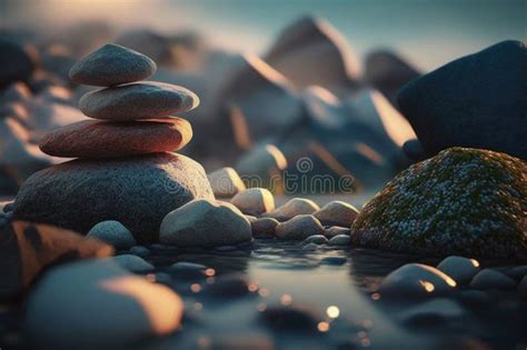 Zen Balancing Pebbles Next To A Blue Ocean Illustration Generative AI