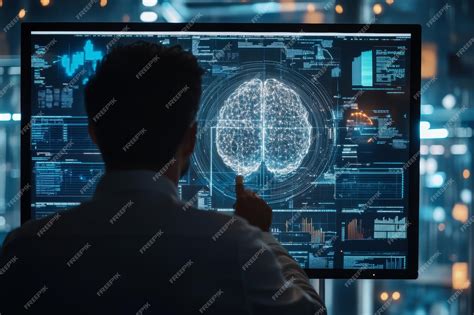 Businessman Using Ai For Data Analysis And Coding With Digital Brain On Virtual Screen Premium