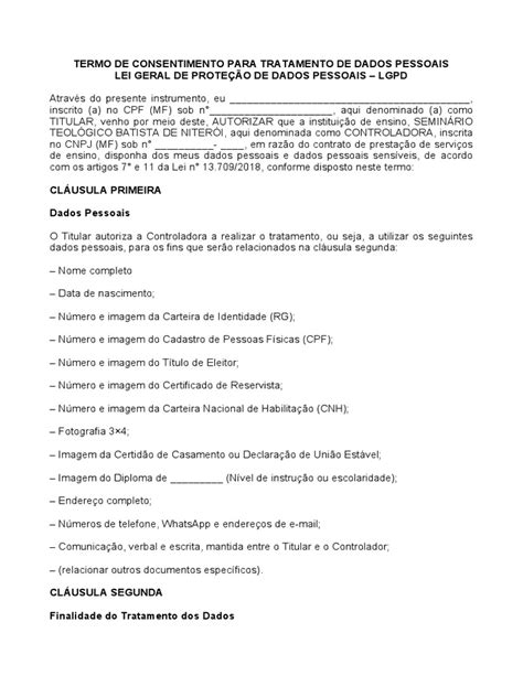 Termo De Consentimento Para Tratamento De Dados Pessoais Pdf