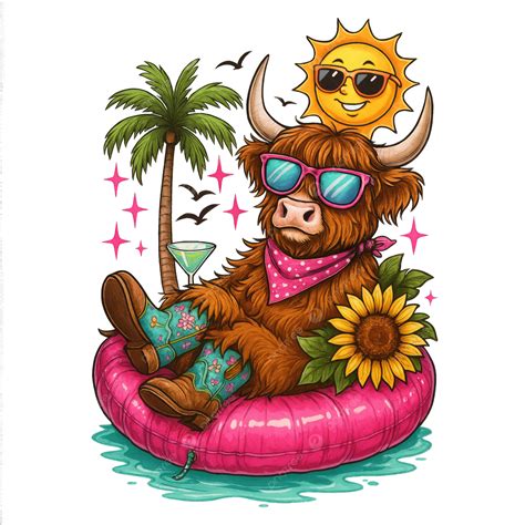 Summer Vibes Highland Cow Clipart Highland Cow Summer Beach Png