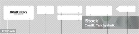 다양한 도로 교통 표지판 크롬 금속 기둥의 고속도로 간판 텍스트가 있는 빈 흰색 보드 방향 사이니지 및 웨이 파인더 정보 사인 모형 벡터 일러스트레이션 0명에 대한 스톡