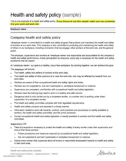 Ohs Resource Portal Health And Safety Policy Sample