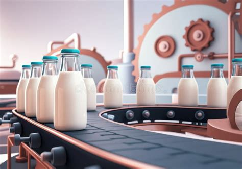 Bottles Milk Conveyor Belt Modern Dairy Processing Facility Stock