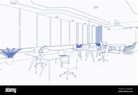 3d Rendering Empty Office Space Or Workspace Blueprint Design With