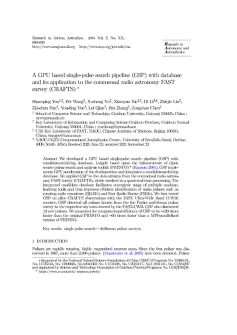 Pdf A Gpu Based Single Pulse Search Pipeline Gsp With Database And Its Application To The