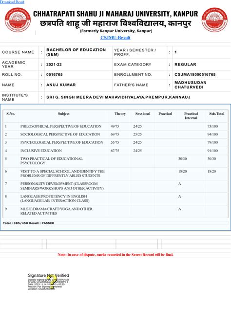 Csjmu Result Bachelorofeducation Sem 1 Pdf