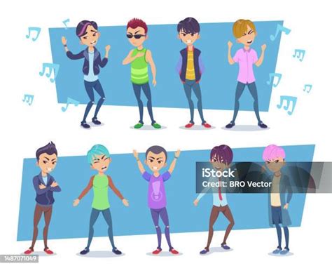 Male Kpop Idols Singing And Dancing Vector Illustrations Set向量圖形及更多人圖片