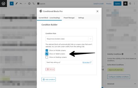 show hide wordpress blocks by screen size responsive