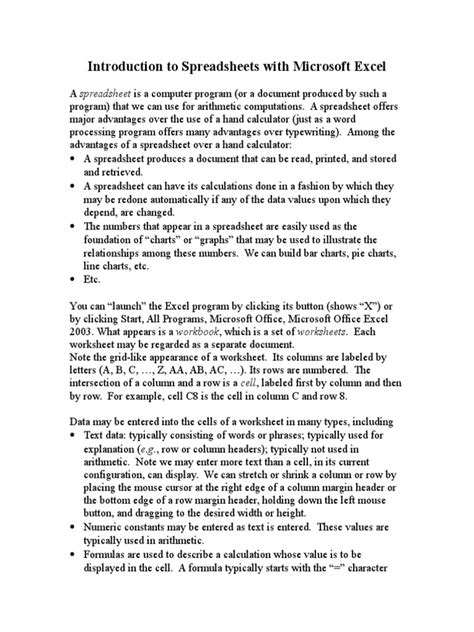 Introduction To Spreadsheets With Microsoft Excel Pdf Spreadsheet