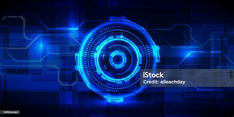 서클 Hud 화면의 벡터 일러스트레이션은 미래 지향적 인 디지털 기술 아트웍을 표시합니다 미래의 첨단 기술 및 혁신 개념 Cpu에 대한 스톡 벡터 아트 및 기타 이미지