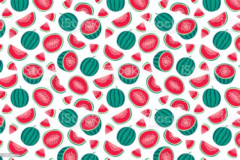 벡터 수박 패턴 수평 배경 귀여운 여름 신선한 과일 인쇄 수박 빨간 조각 벽지 디자인 장식을위한 흰색 배경에 반 슬라이스 및 전체 수박 질감 가정의 방에 대한 스톡 벡터