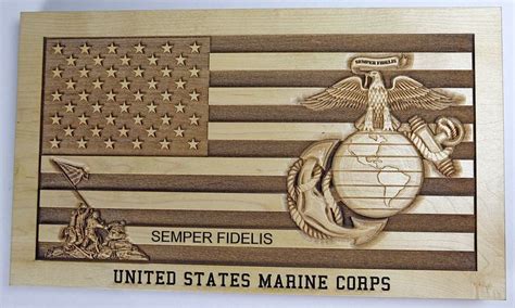 Personalized Usmc Marine Corps Flag Plaque In Solid Maple Or Cherry Wood For Wall Or With Easel
