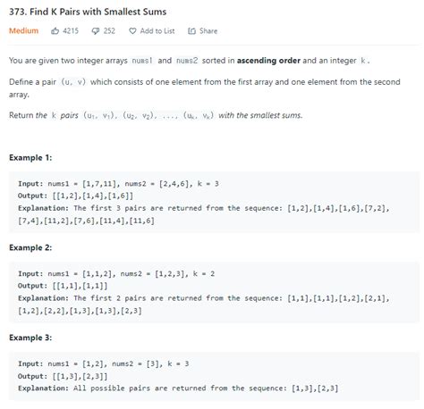 Daily Leetcode Challenge 373 Find K Pairs With Smallest Sums